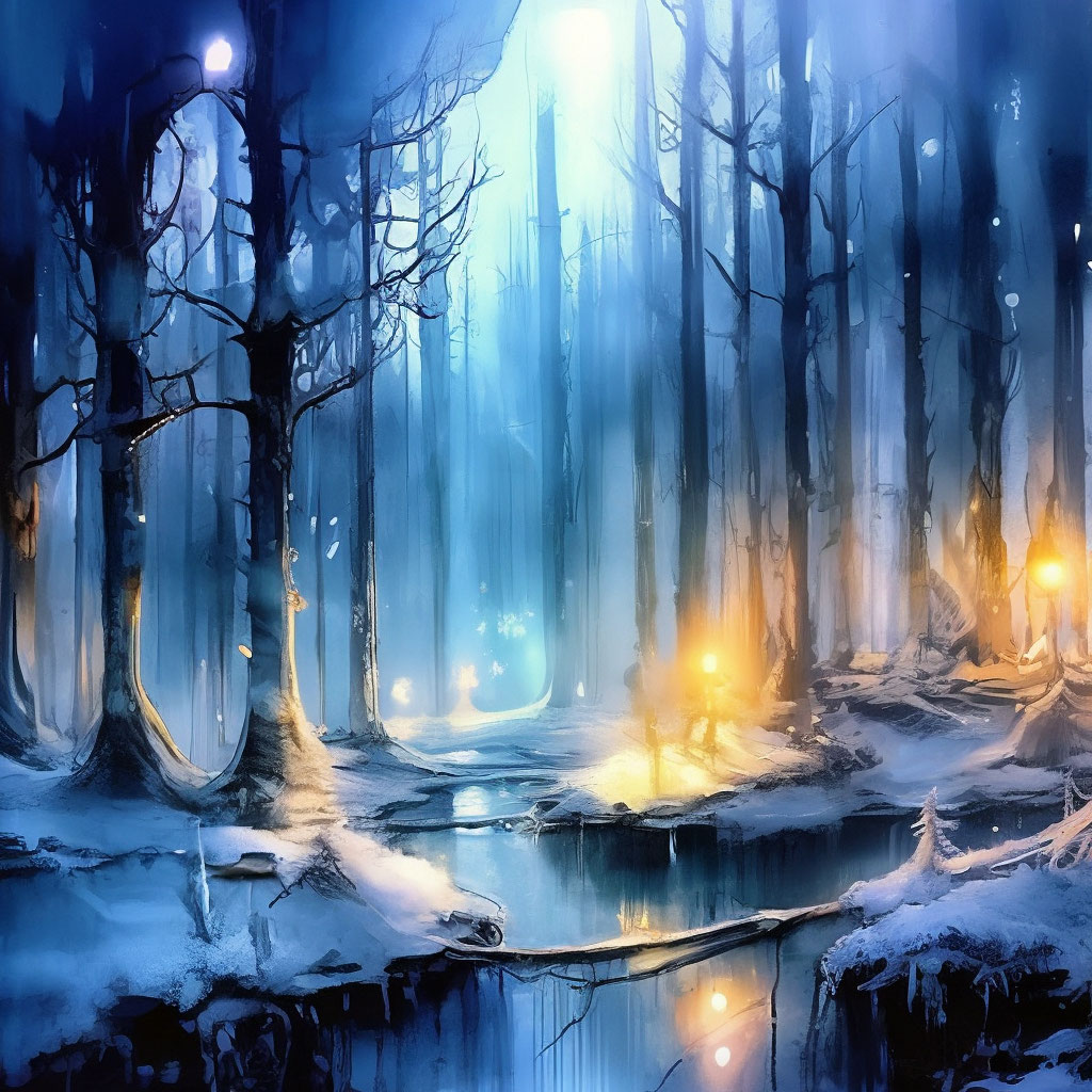 "Winter fairy forest in the evening frost watercolor" — image created ...