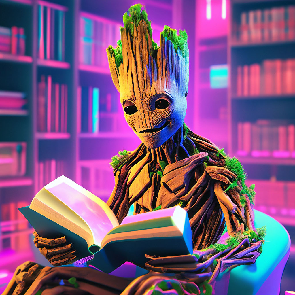 "Old old groot reads books" — image created in Shedevrum
