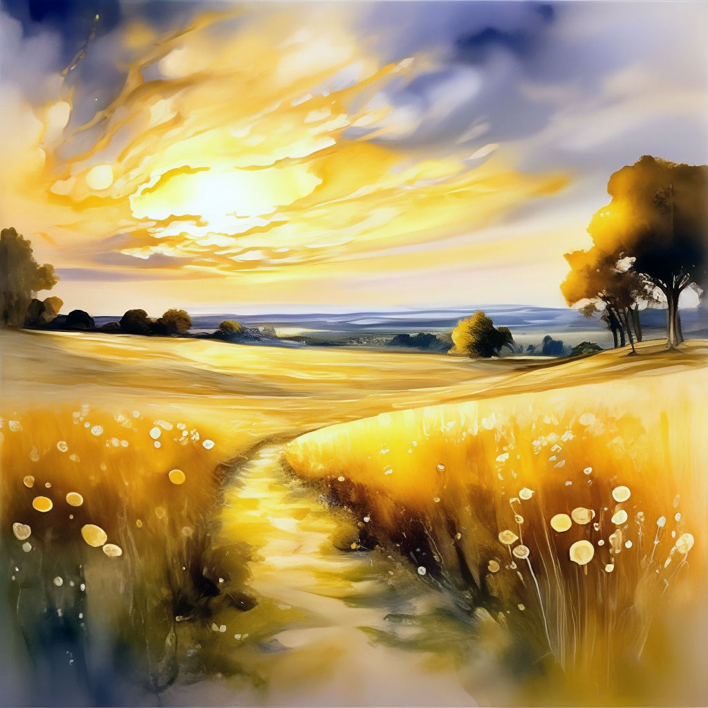 "Golden field, watercolor, transparent, airy, shading, ink, art nouveau ...