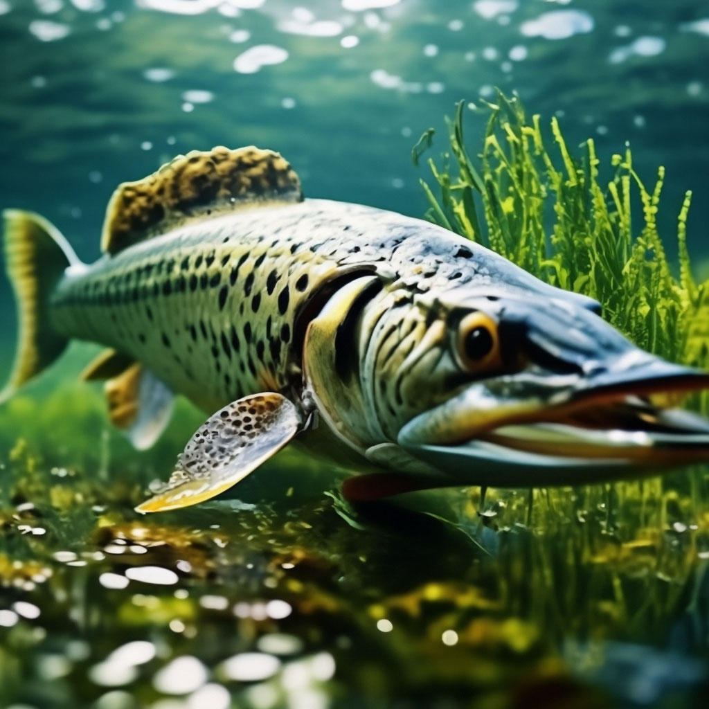 "A bright natural pike hides among the algae. very close angle. clean ...