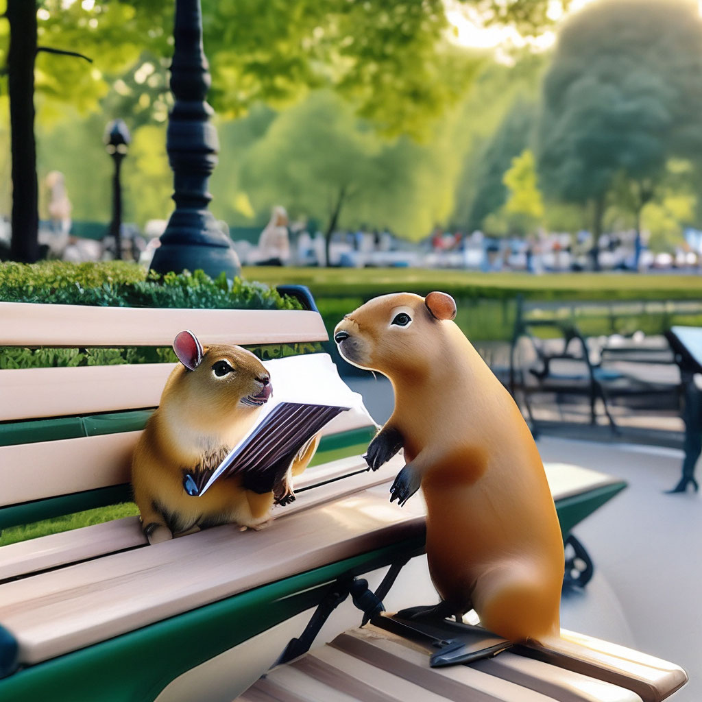 "A capybara sits on a bench in a city park and reads a newspaper with ...