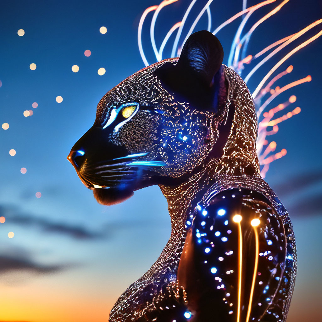 "Ink art,photo gallery,panther girl made of LED filaments in the sky ...