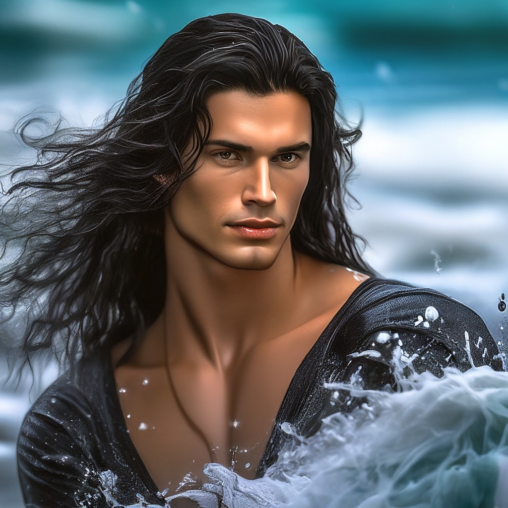 "Perfect male beauty, symmetrical facial features, 3D, comes out of the ...