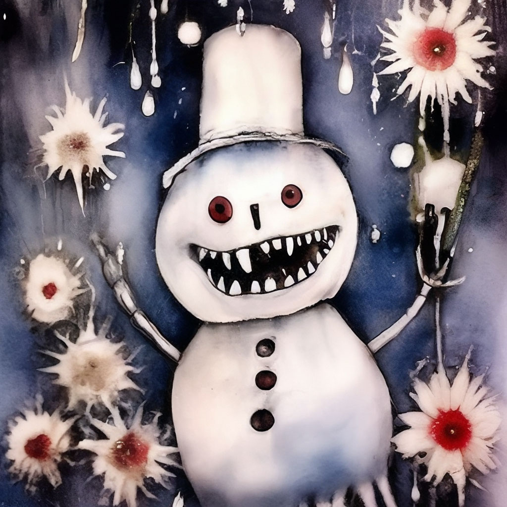 "Creepy snowman+false teeth decorated with garlands and flowers, murky ...