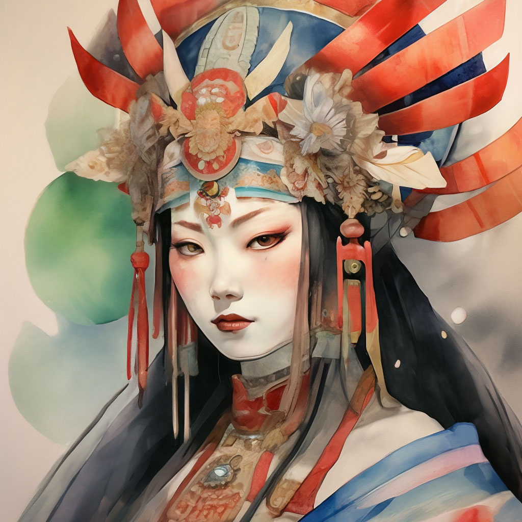 "💫🌹Mythical shaman queen Himiko, wet watercolor, ink drawing, bright ...
