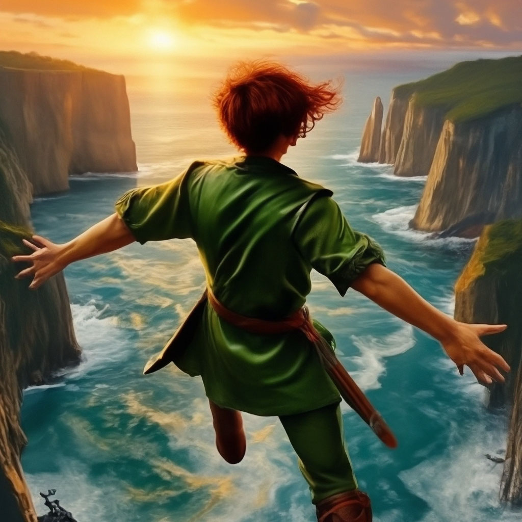"Peter Pan, arms outstretched, flies off into the sunset, the jungle ...