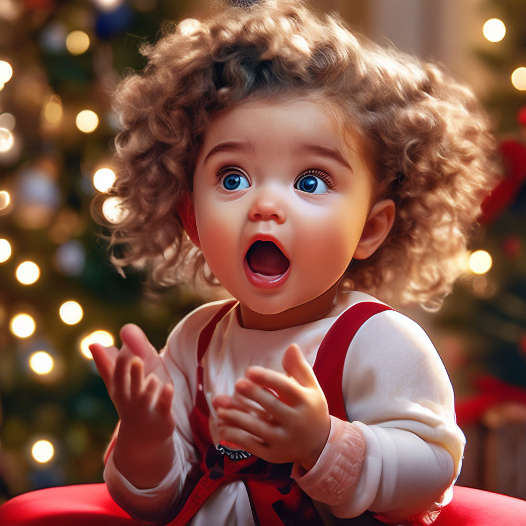 "The baby stands on a stool and loudly recites poems near the Christmas ...