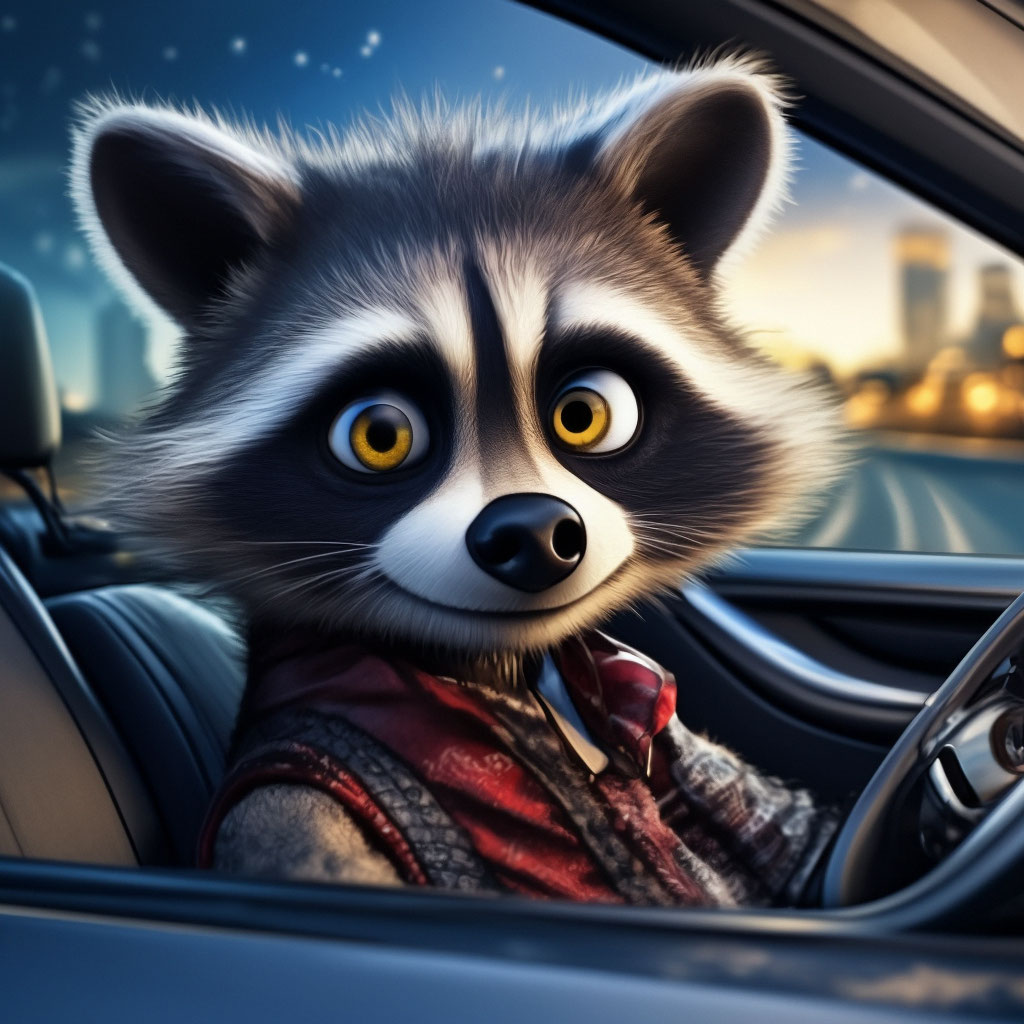 "Creepy funny raccoon driver by car, big eyes, fun, night, creepy-style ...