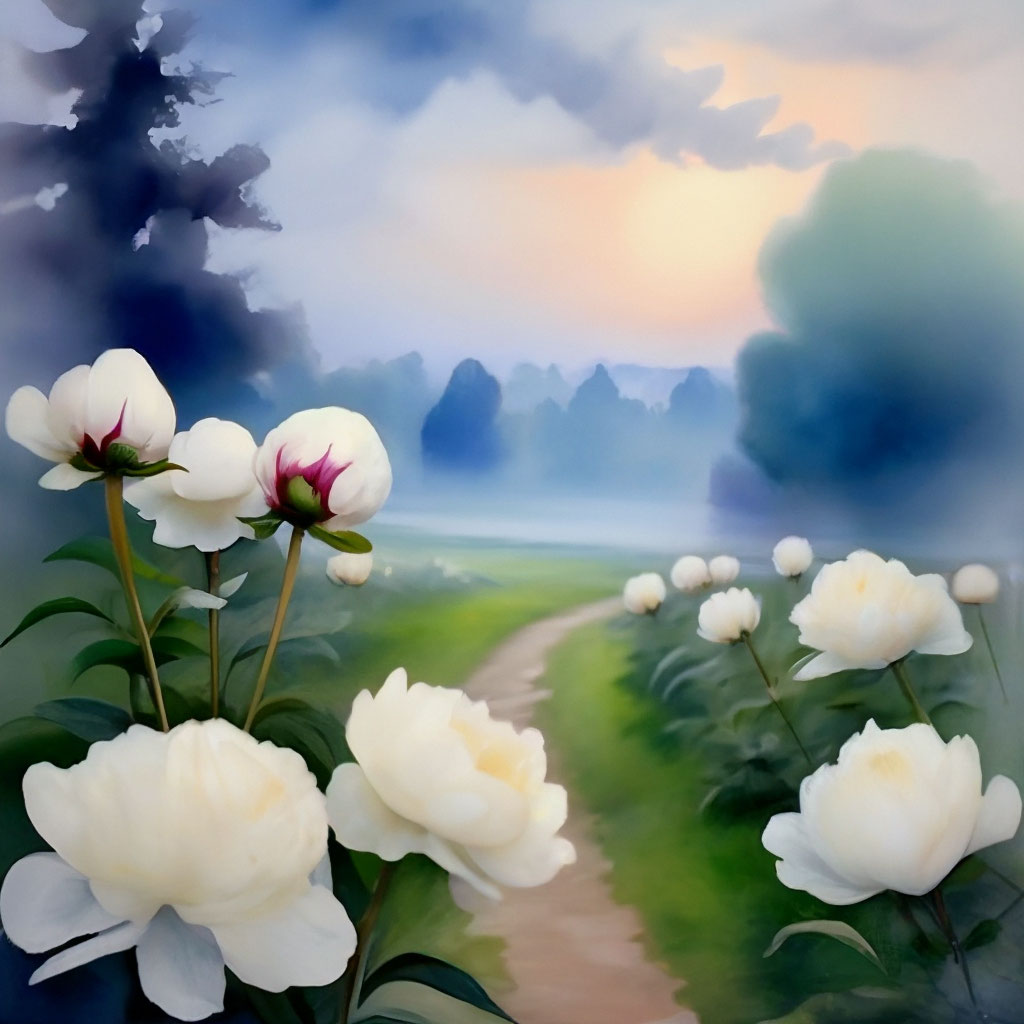 "Landscape with peonies Blue sky, beautiful white peonies. In the ...