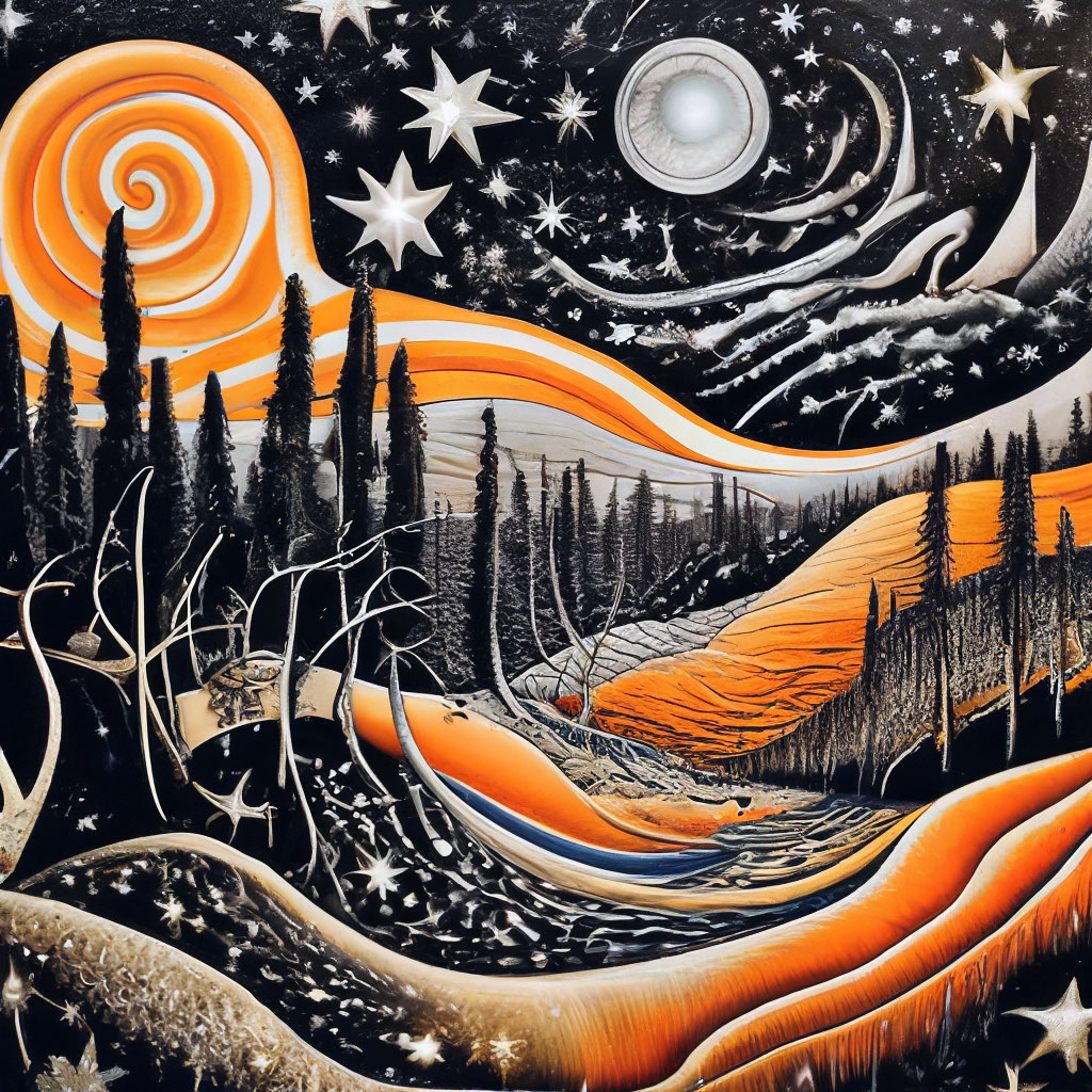 "Black, orange, stars, surreal landscape in the style of Dali, epic ...