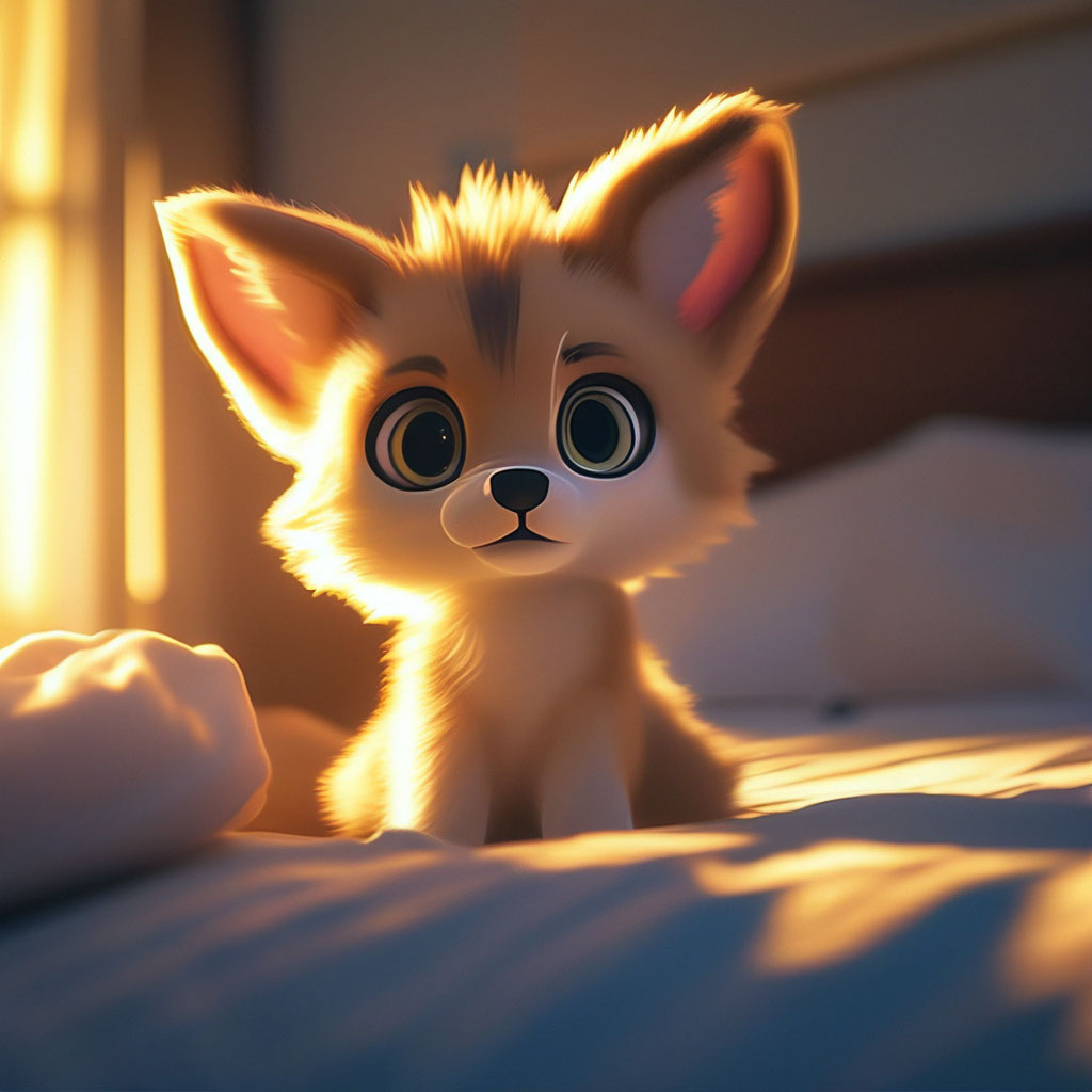 "Geneta, cute, fluffy with big, surprised eyes, on the bed, aesthetically pleasing, high ...