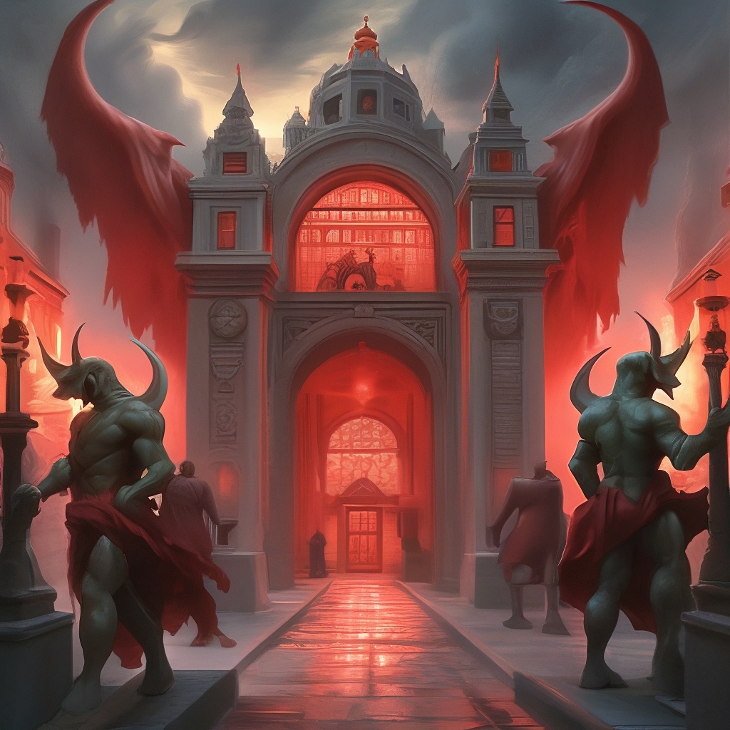 "City polyclinic, demon guards, on the background of Hell with the ...