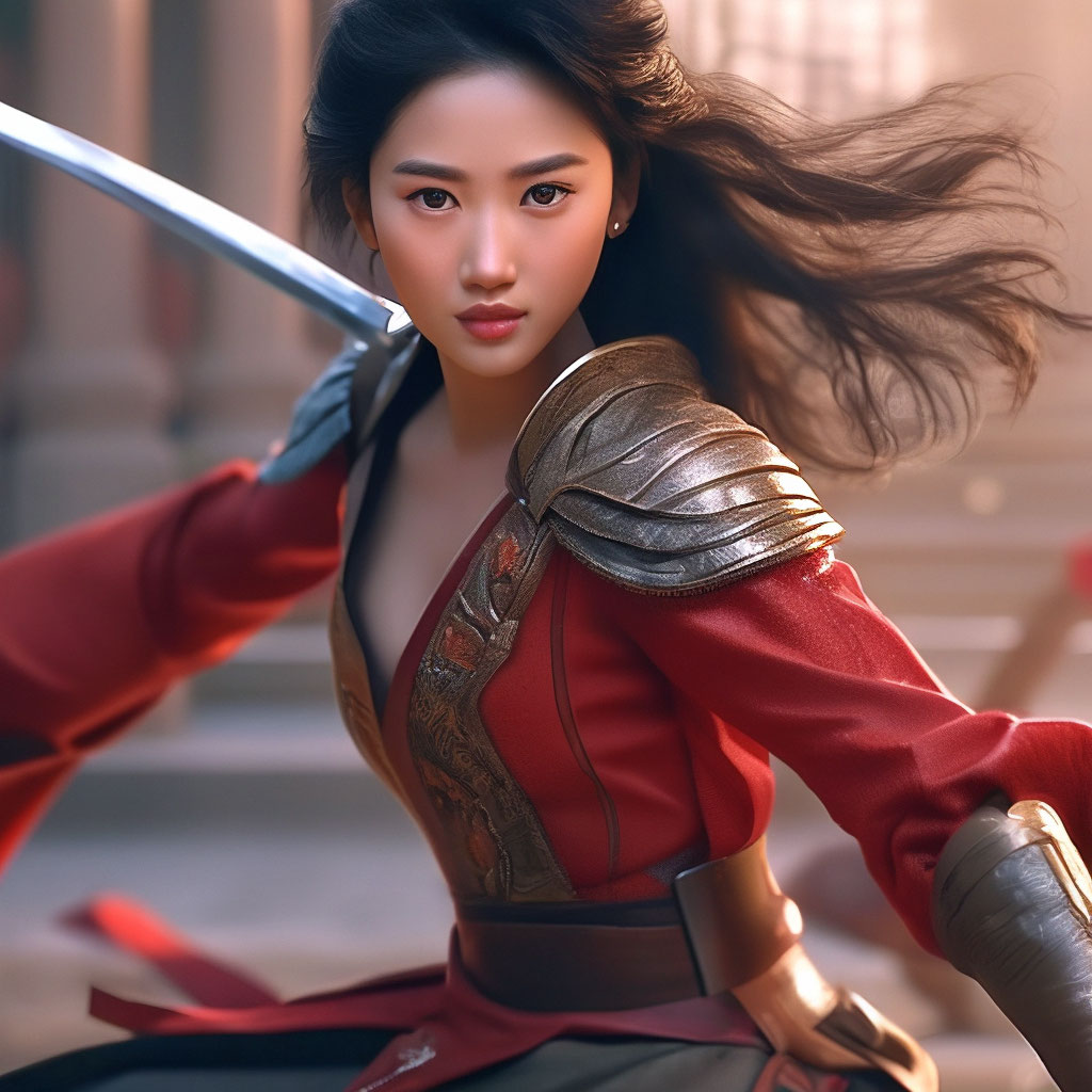 "Mulan is a girl with short beautiful hair, dancing a dance with swords ...