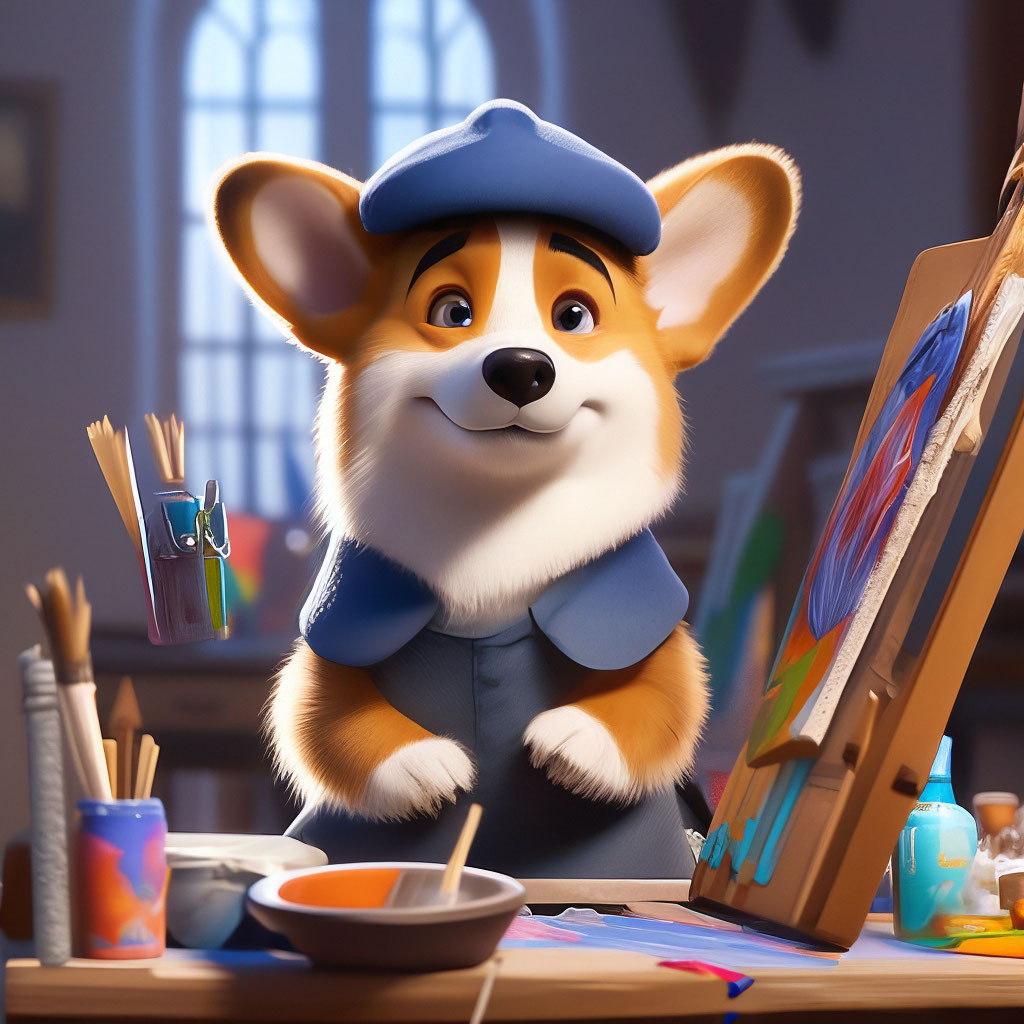 "Corgi artist in beret with brush, in front of easel, pixar" — image ...