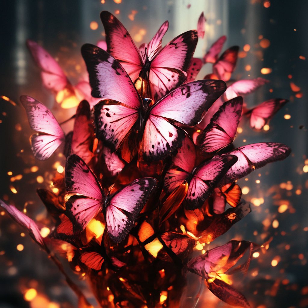 "Bouquet of pink butterflies, epic, moving, flying, active, fire ...