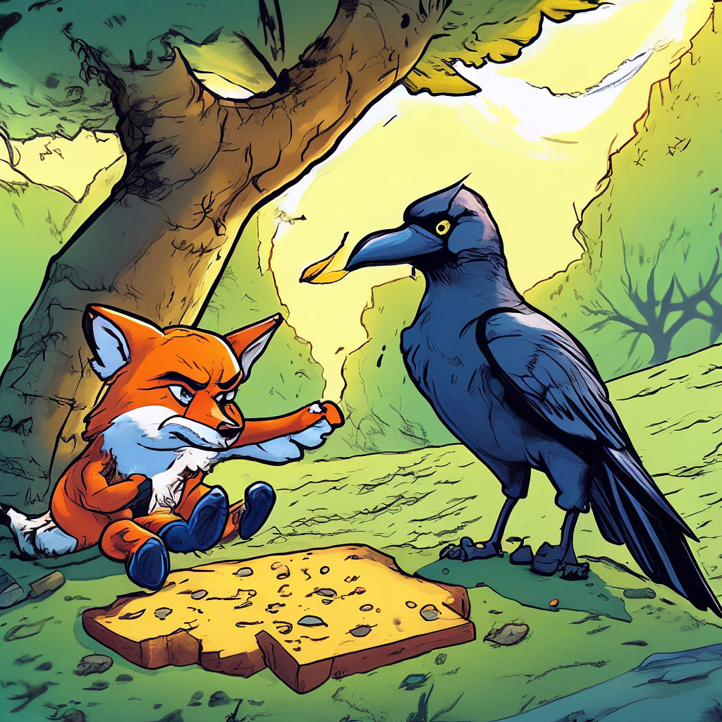 "A crow with cheese in its beak is sitting on a tree, a fox with a gun ...