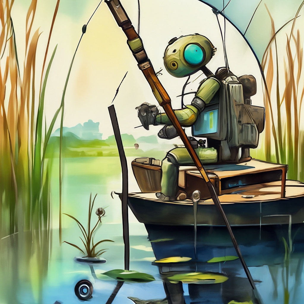 "An old battered anthropomorphic android robot with a fishing rod in ...