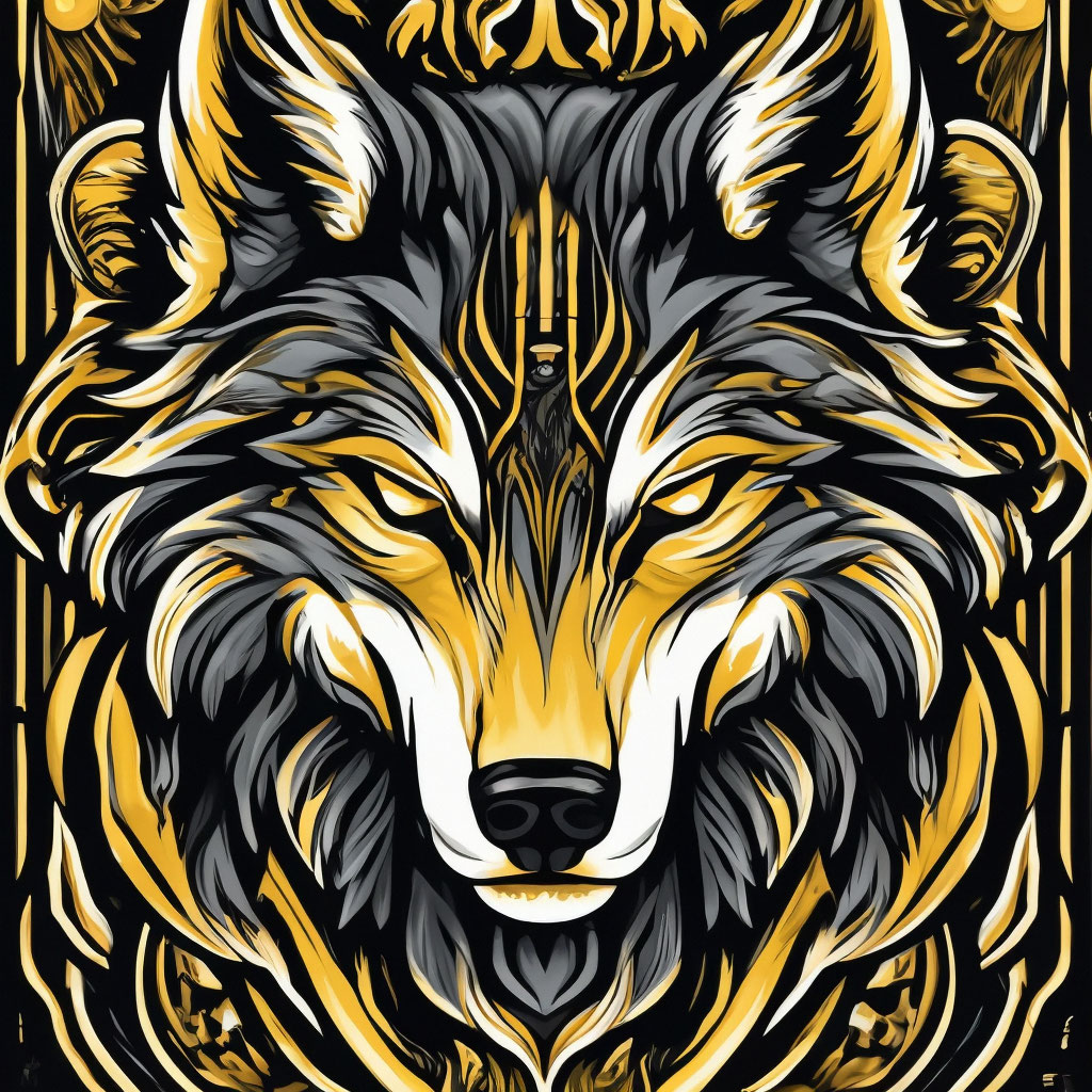 "Wolf illustration wolf head black fill golden outline 2d image ...
