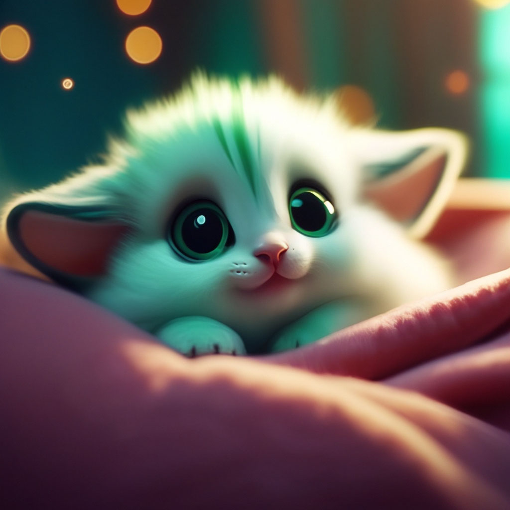 "Cute little creature in her arms, lying in warmth, with emerald eyes ...