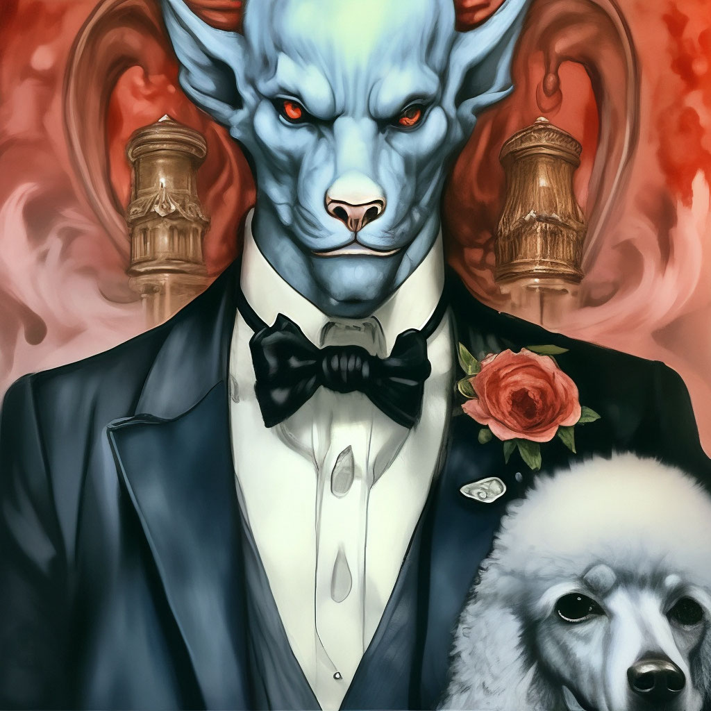 "A demon in a luxurious tailcoat with a cane strokes a poodle,portrait ...