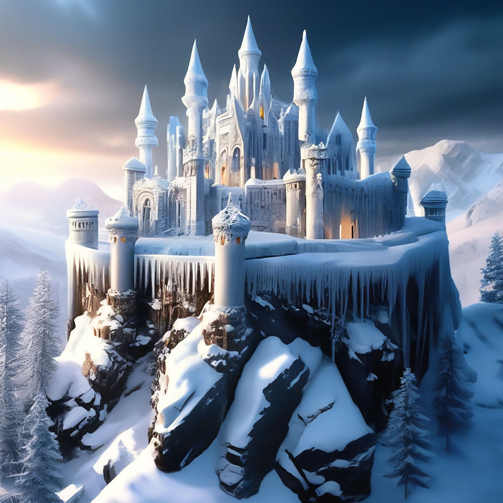 "Snow, ice castle on a rock, beautiful, hyperrealistic, high resolution ...