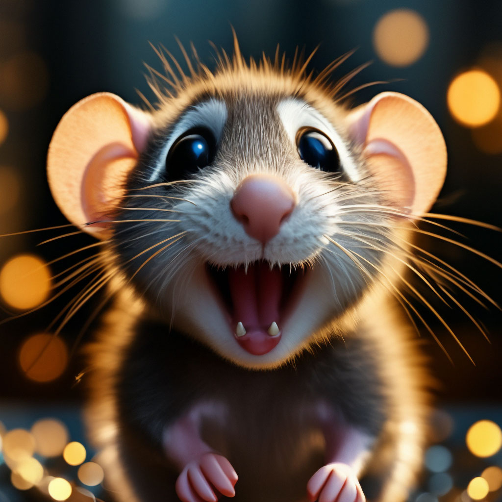 "Small, super cute, fluffy, very funny, bug-eyed rat, smiling, small ...