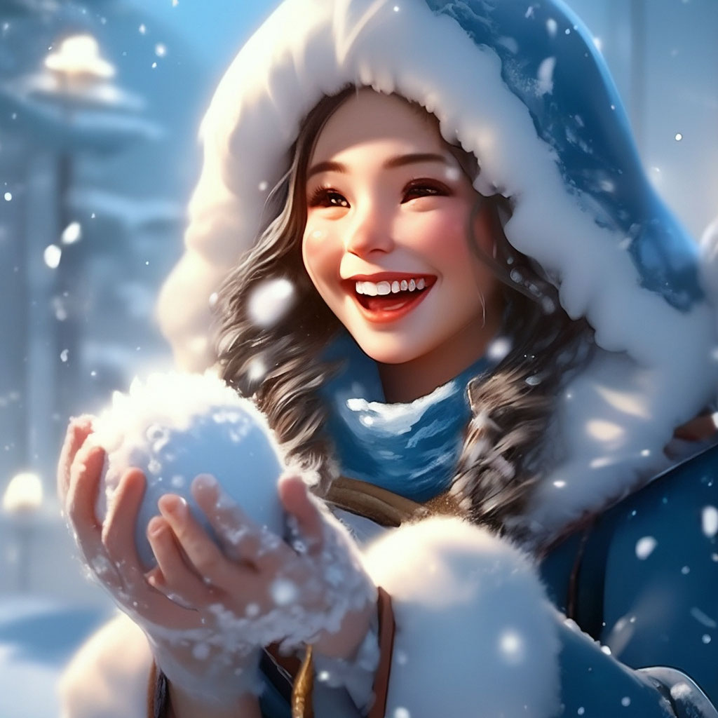 "Unexpectedly beautiful snow maiden in snow clothes, laughing, playing ...