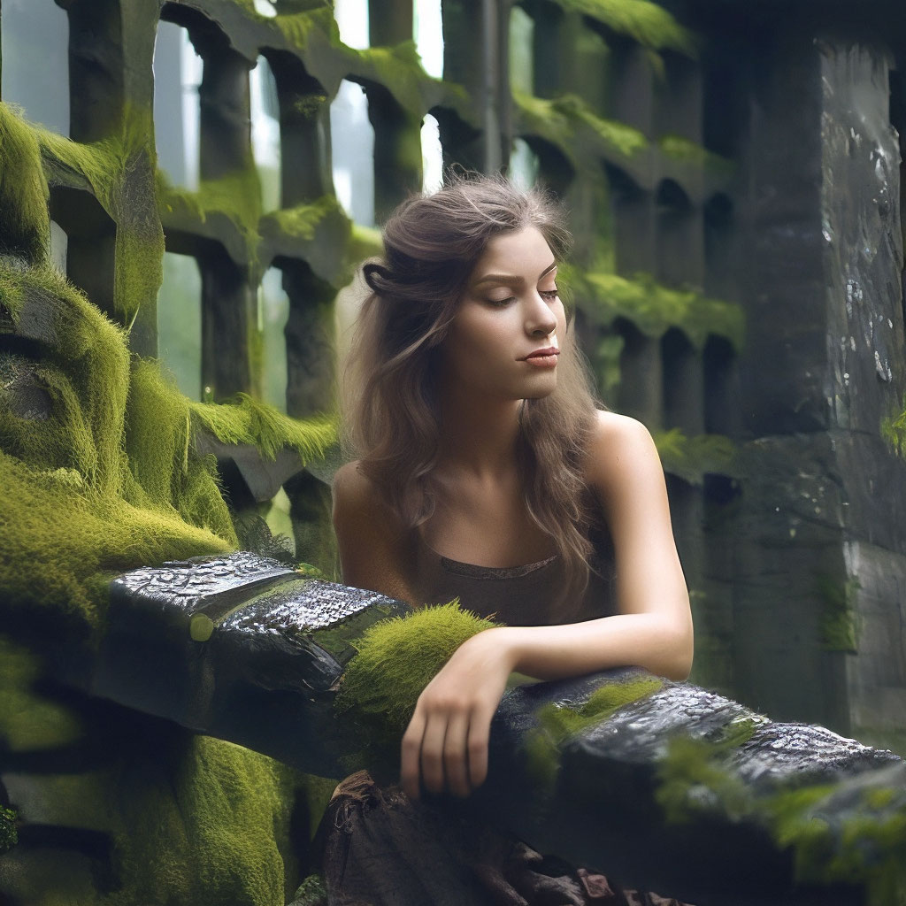 "Stone wall , moss , creeping plants , old forged lattice , girl ...