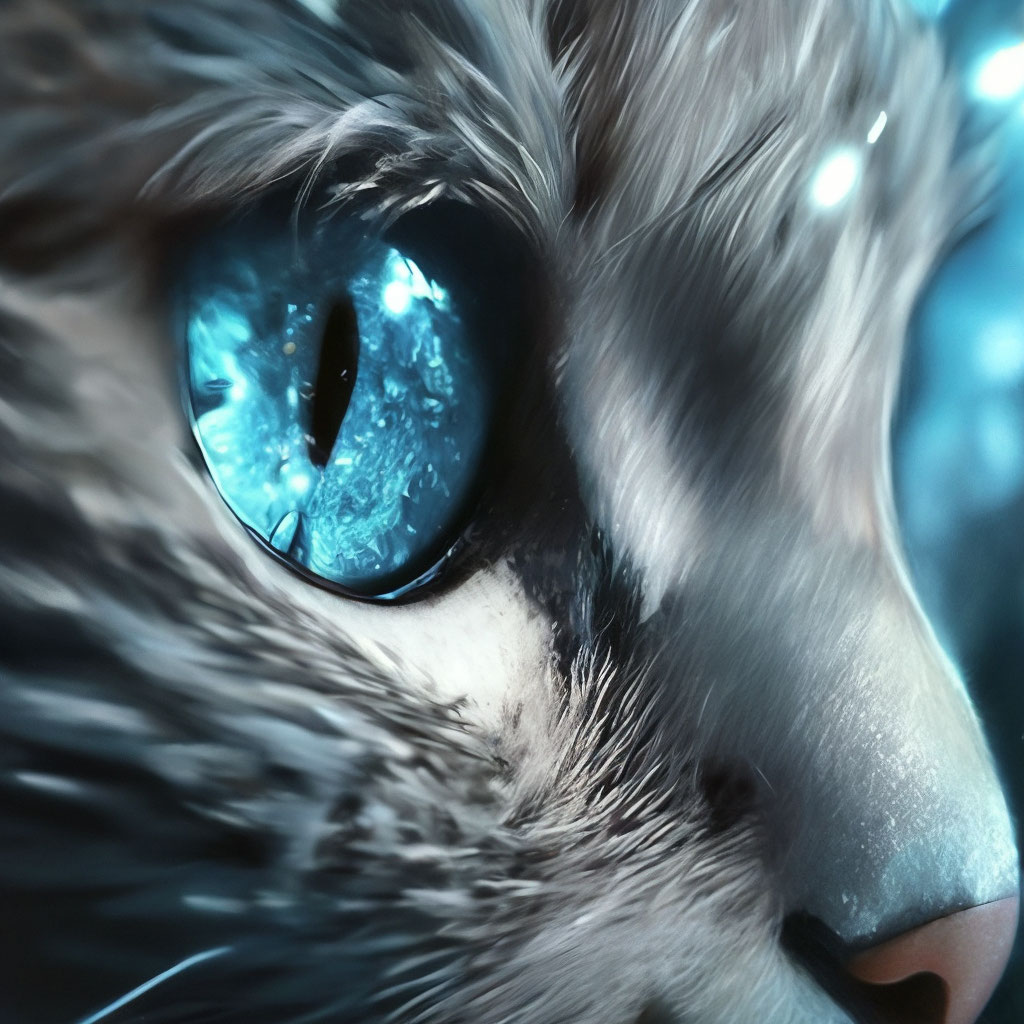 "Mystic cat , icy eyes sparkling with flames, realistic, close-up, noir ...