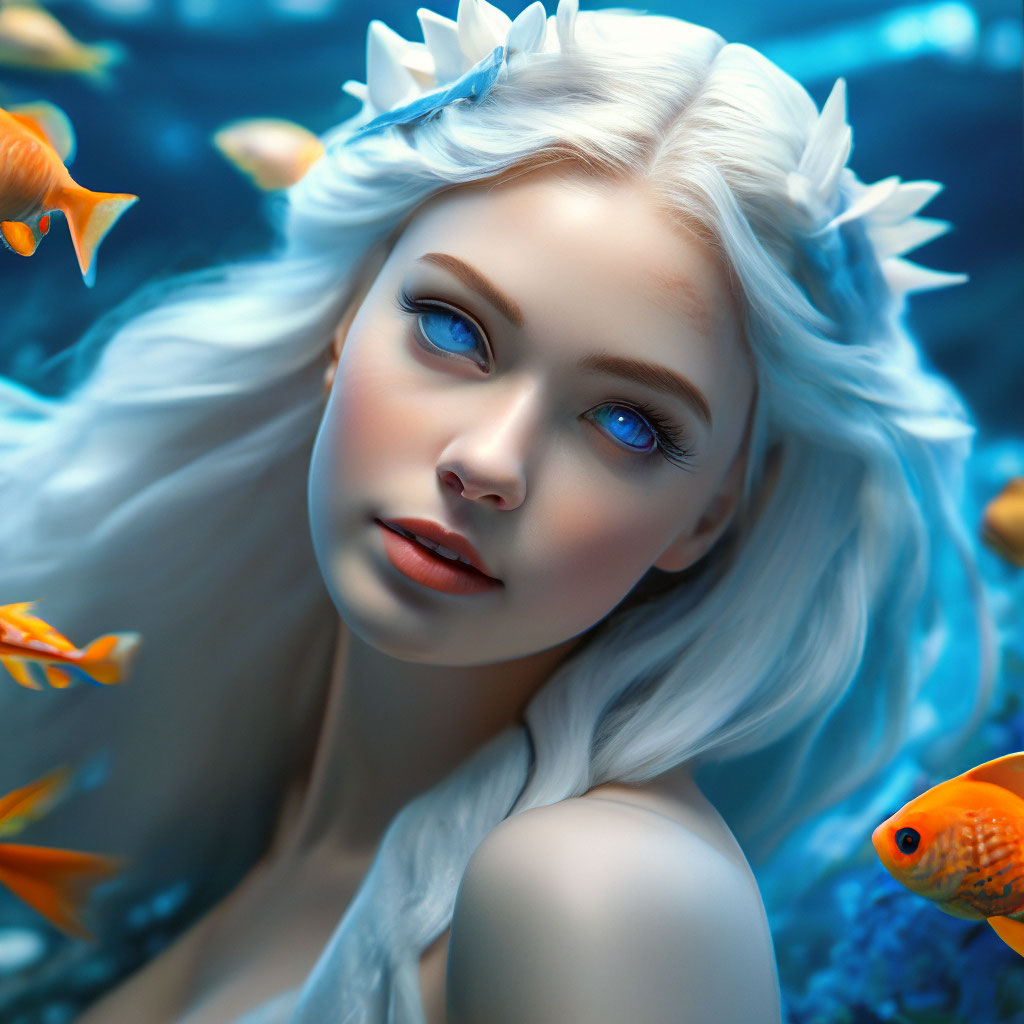 "Underwater world, mermaid with a white tail,swimming,bright fish,blue ...