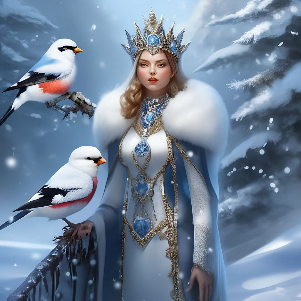 "Snow queen,ice kingdom winter, bullfinch" — image created in Shedevrum