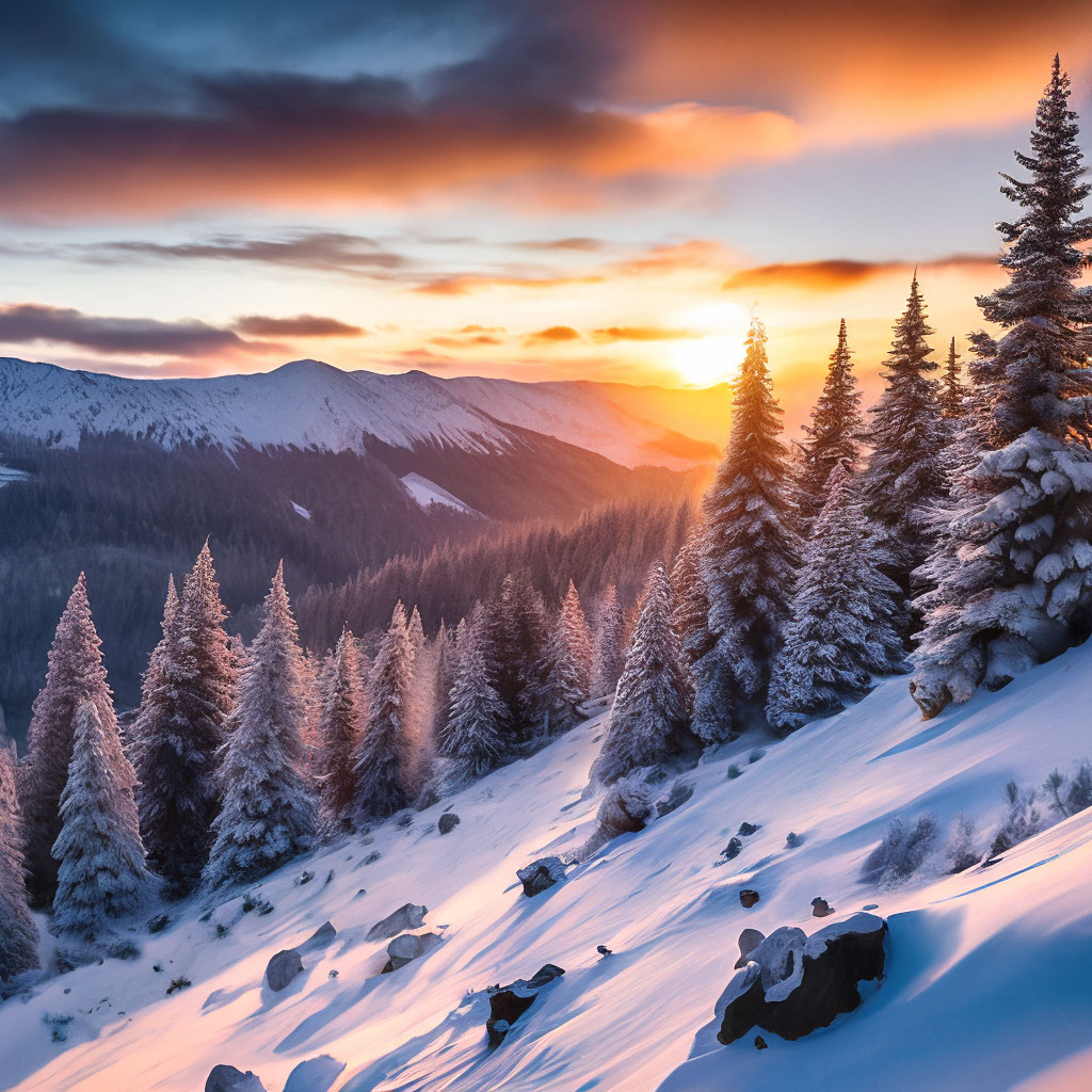 "Winter landscape forested mountainside, sunset, high resolution ...