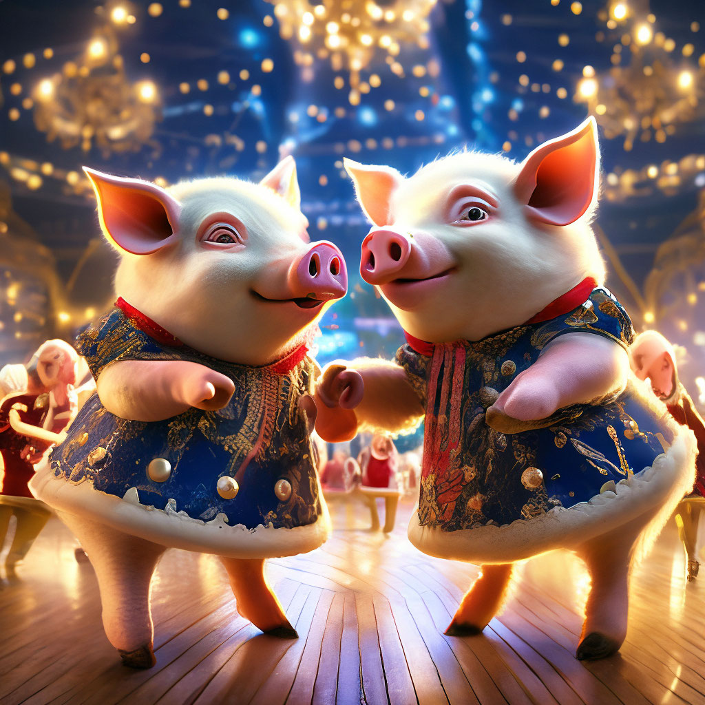 "A pair of pigs, a boy and a girl, dancing at the New Year's ball ...