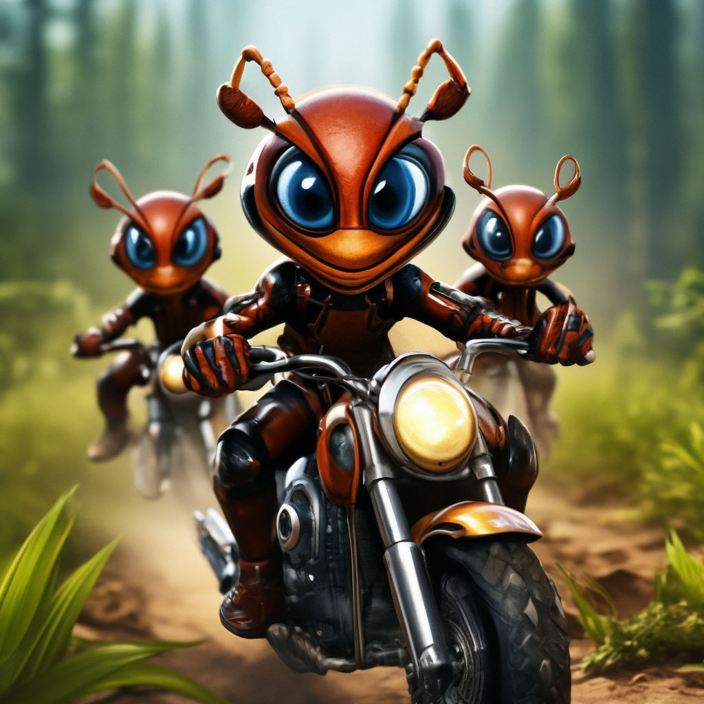 "Ants on motorcycles, they are wearing gloves, helmets, cartoon funny ...