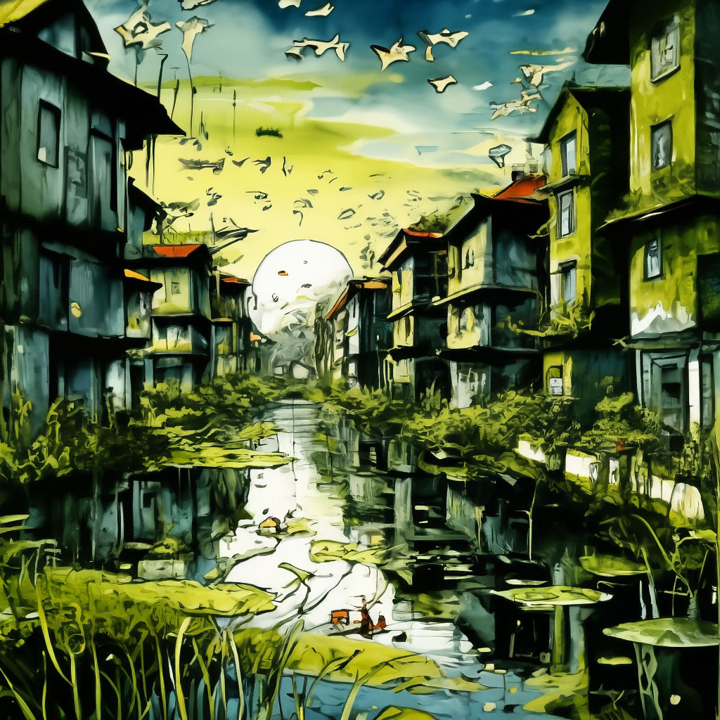 "The town. swampy vegetation, mosquitoes, midges, sci-fi illustration ...