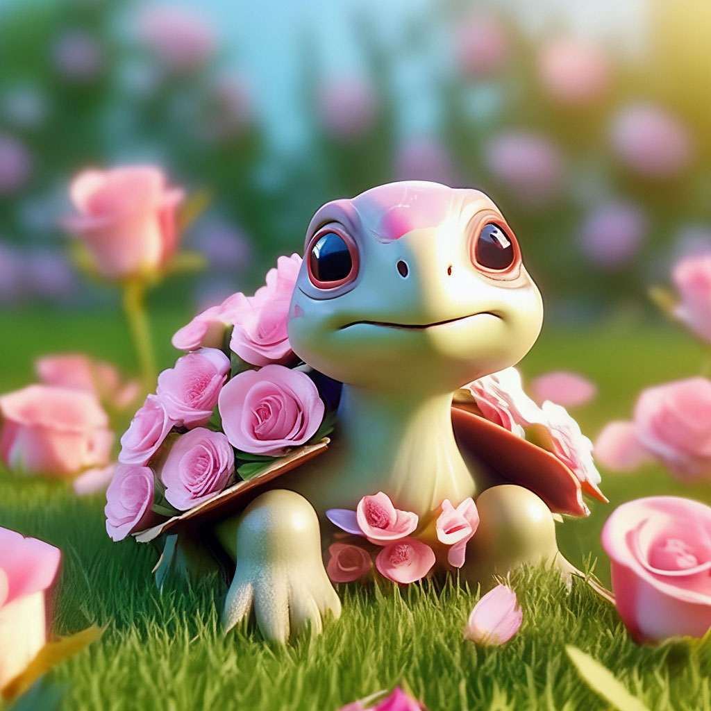 "Mega cute turtle flower shell of pale pink roses, on realistic grass ...