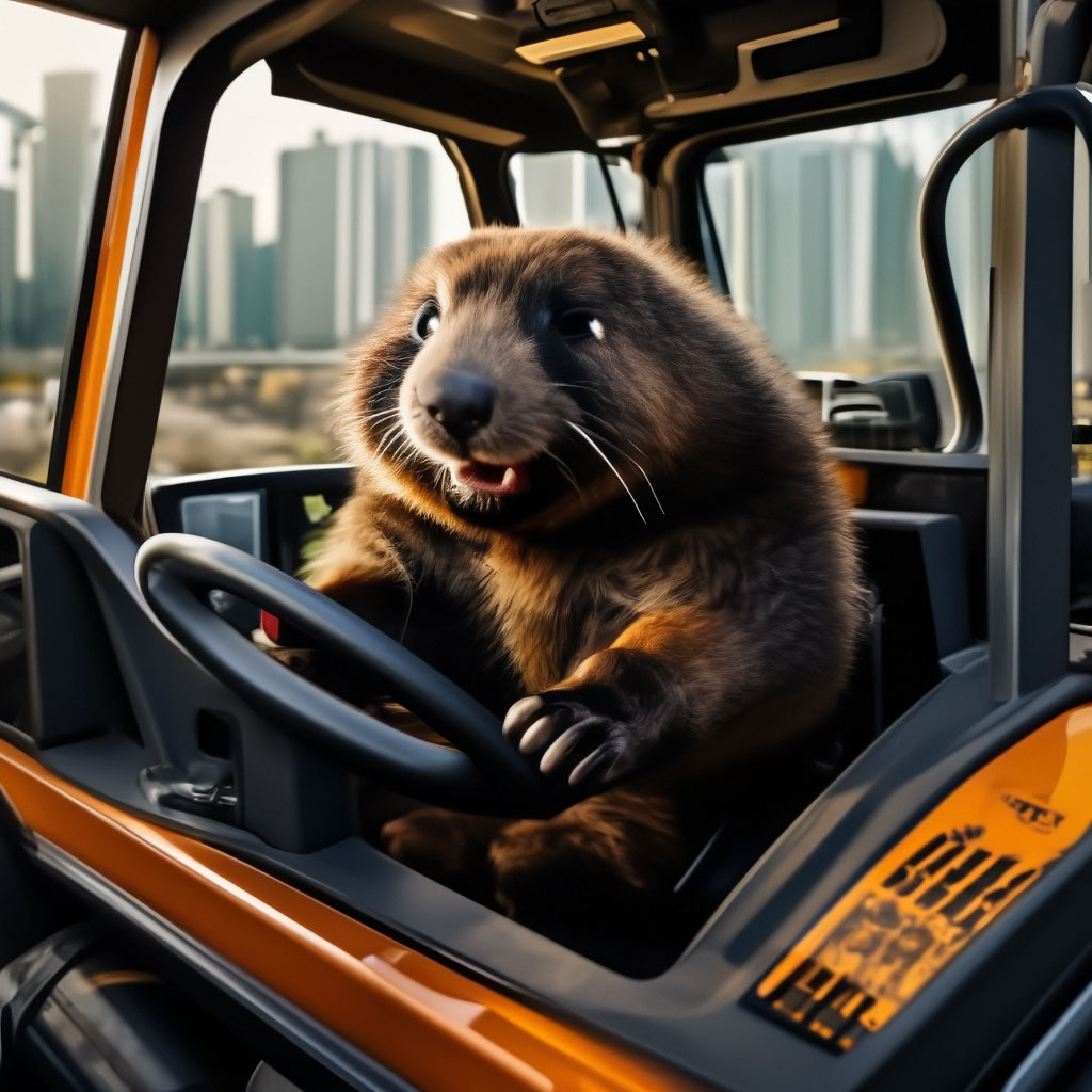"A huge mole digs the ground driving an excavator sitting in the cab ...