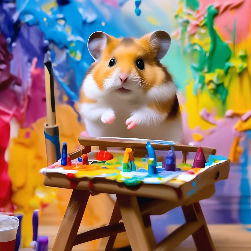 "A hamster in paint paints a picture on an easel, colored wallpaper ...