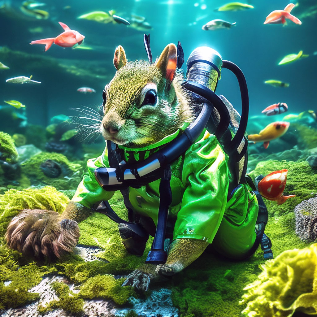 "A green squirrel in a scuba diver's suit lies on the bottom, around ...