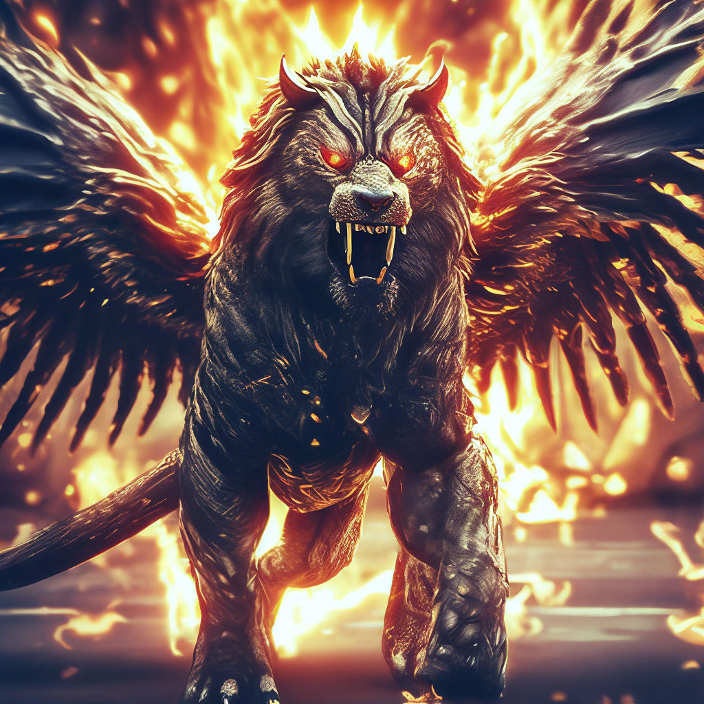 "Manticore-phoenix,lion body, scorpion tail, fur detailing, sparks, on ...
