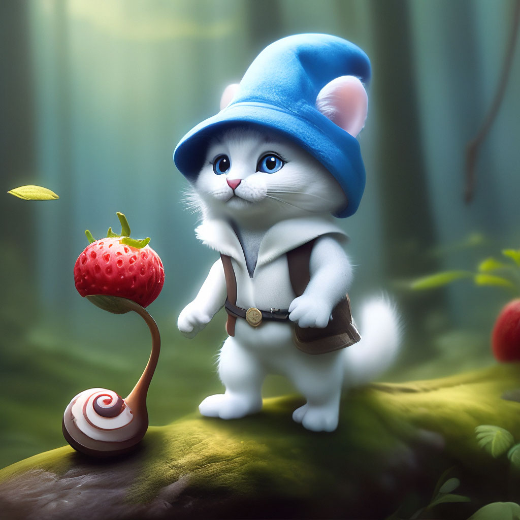 "Shailushai , a smurf cat, in white pants , in a white hat, with a ...