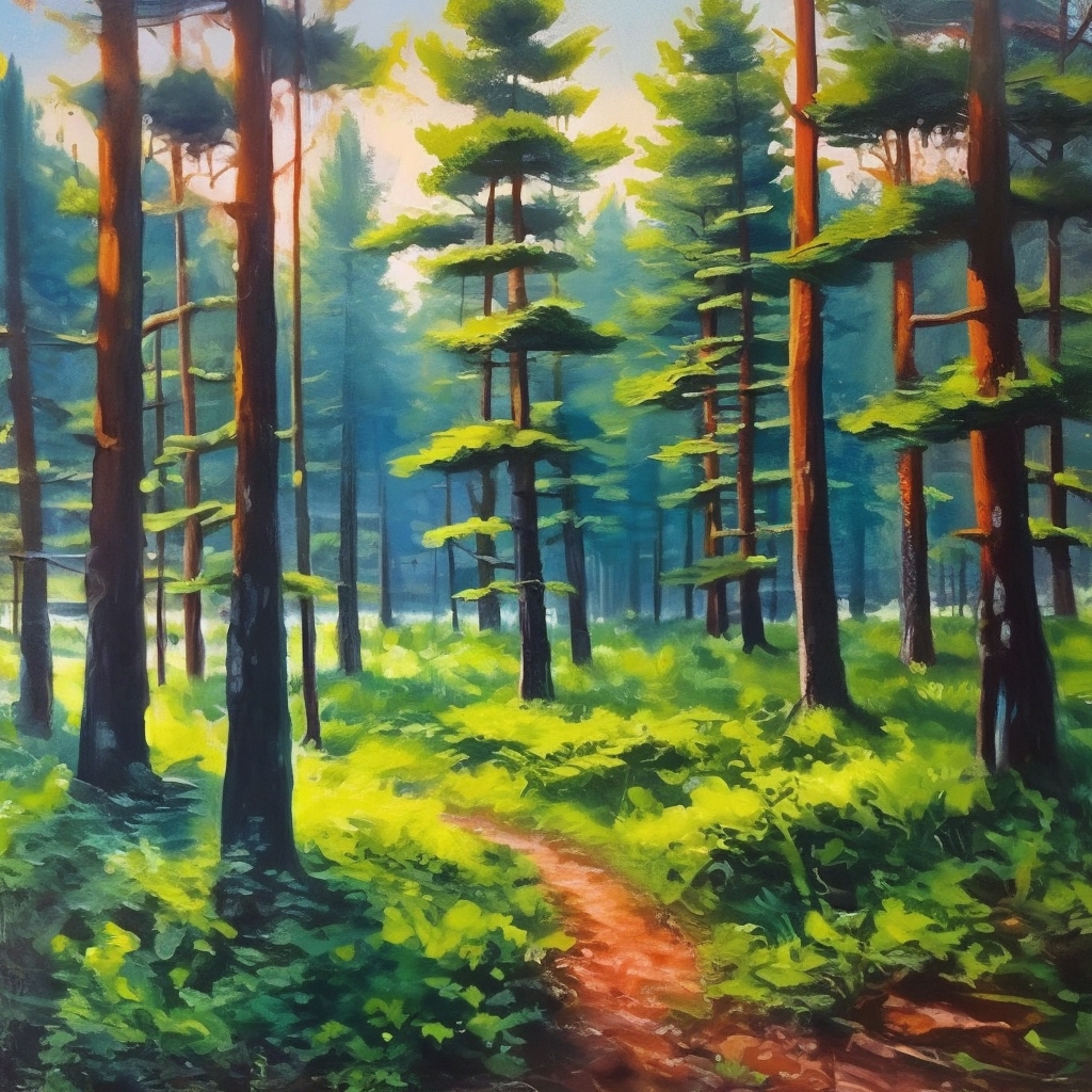 "Oil painting forest, pine trees, lots of greenery" — image created in ...