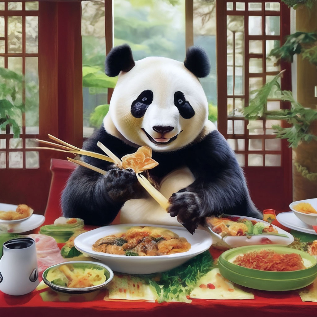 "Panda is eating Chinese cuisine the table is set" — image created in ...