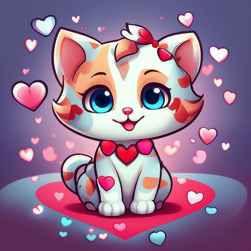 "A very cute cartoon cat with hearts" — image created in Shedevrum