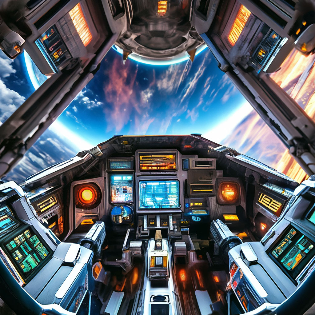 "In the cockpit of a space fighter, a first-person view" — image ...
