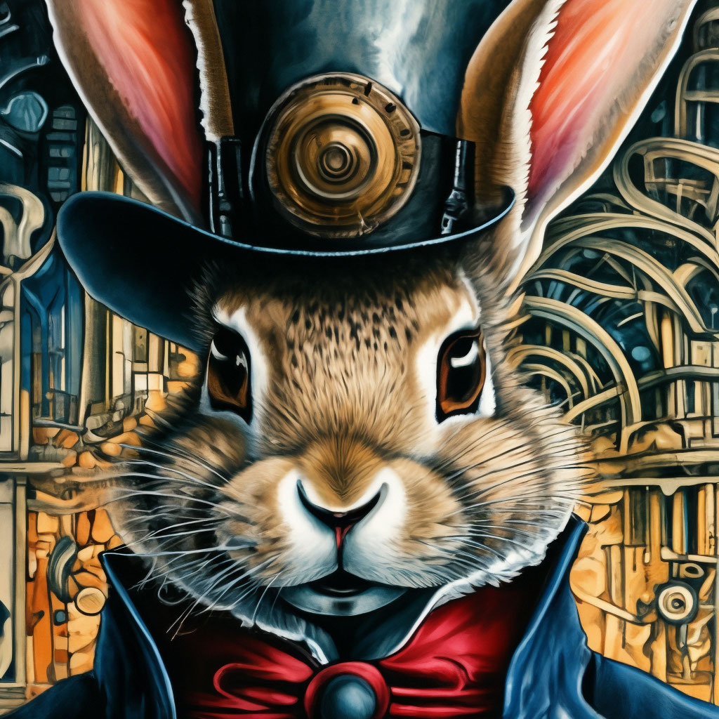 "Rabbit in a hat, watercolor, ink,surre,grotesque, detailed drawing ...