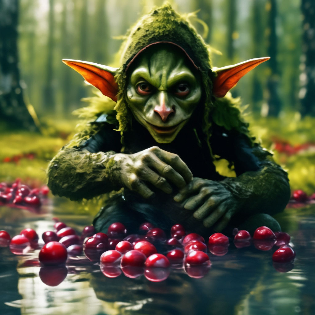 "The goblin is sitting in a magical swamp and eating cranberries ...