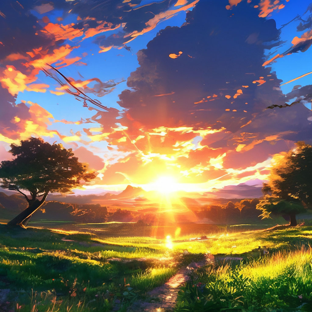 "Beautiful landscape,beautifully lit,grass,trees,sun,sun rays, anime ...