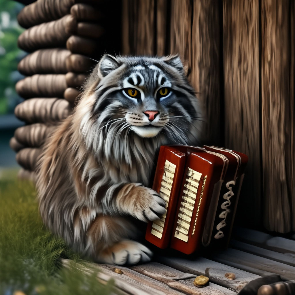 "On the threshold of the wooden hut Manul the cat Bayun plays the ...