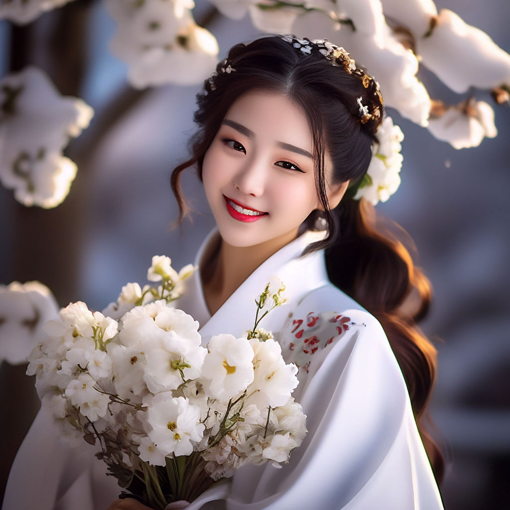 " ️ beautiful korean girl in snow-white hanbok, flowers,joy, tenderness ...